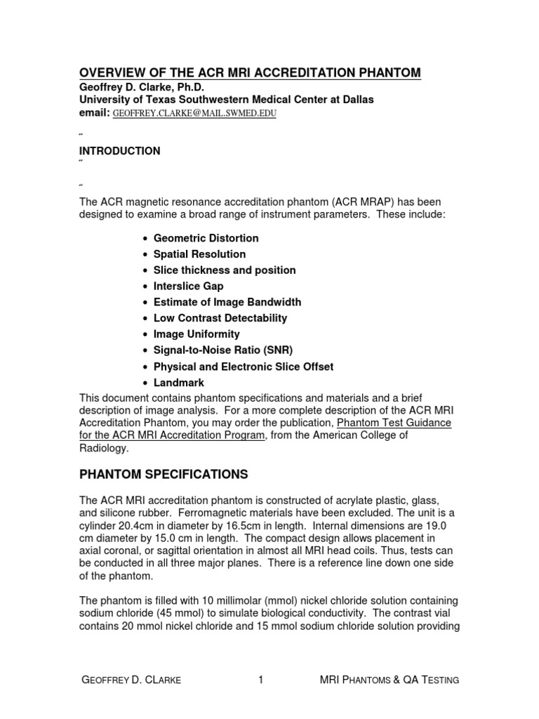 Overview of The Acr Mri Accreditation Phantom: Geoffrey Clarke Mail ...
