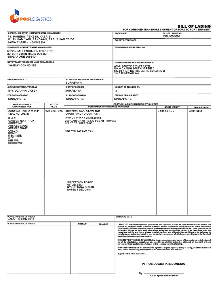 Contoh Bill Of Lading Sumber Contoh Daring - Free Word Template
