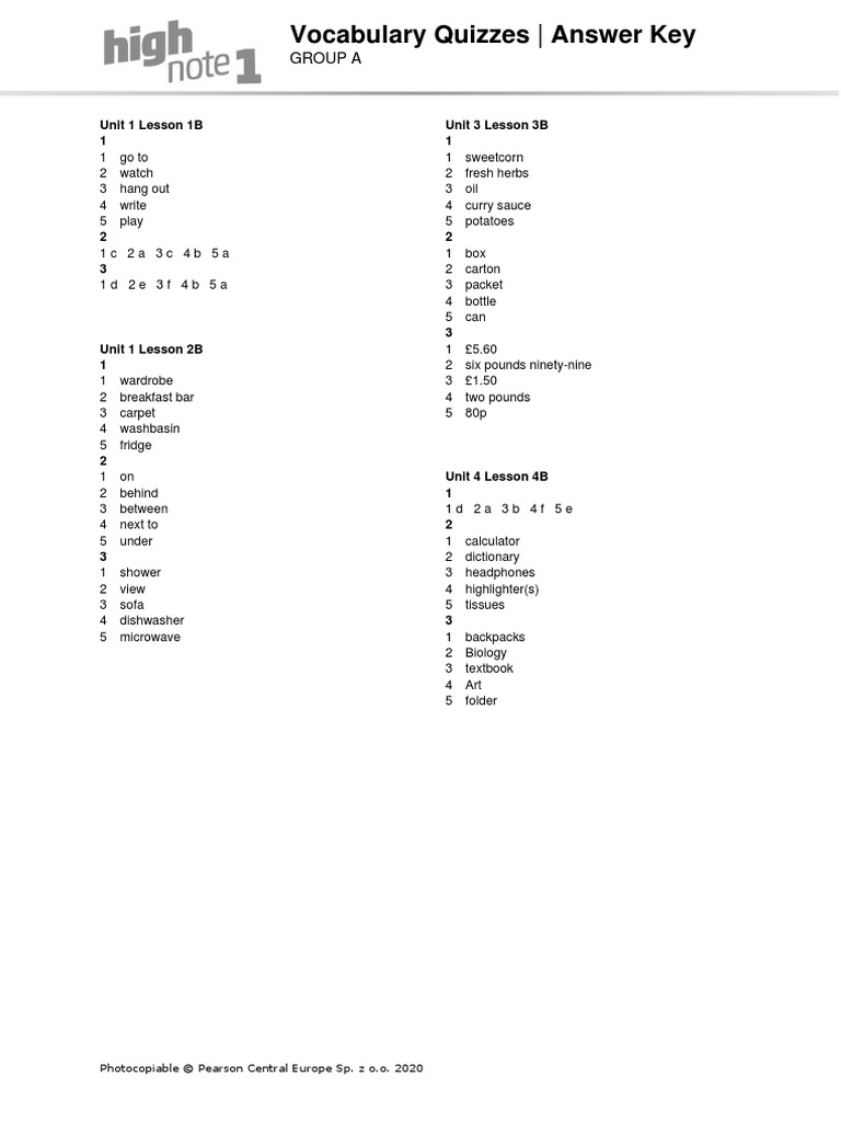 Vocabulary Quizzes - Answer Key: Group A | PDF | Clothing