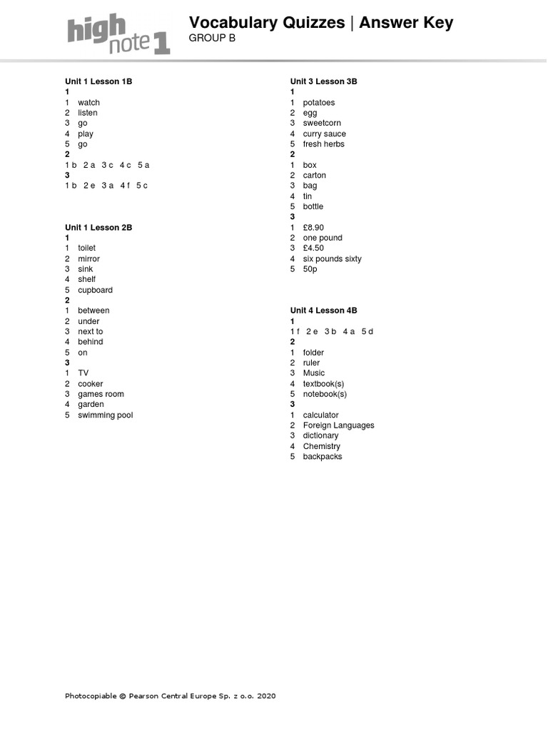 Vocabulary Quizzes - Answer Key: Group B | PDF | Limbs (Anatomy)