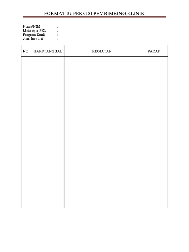 Format Supervisi Pembimbing Klinik: Nama/NIM: Mata Ajar PKL: Program Studi: Asal Institusi | PDF