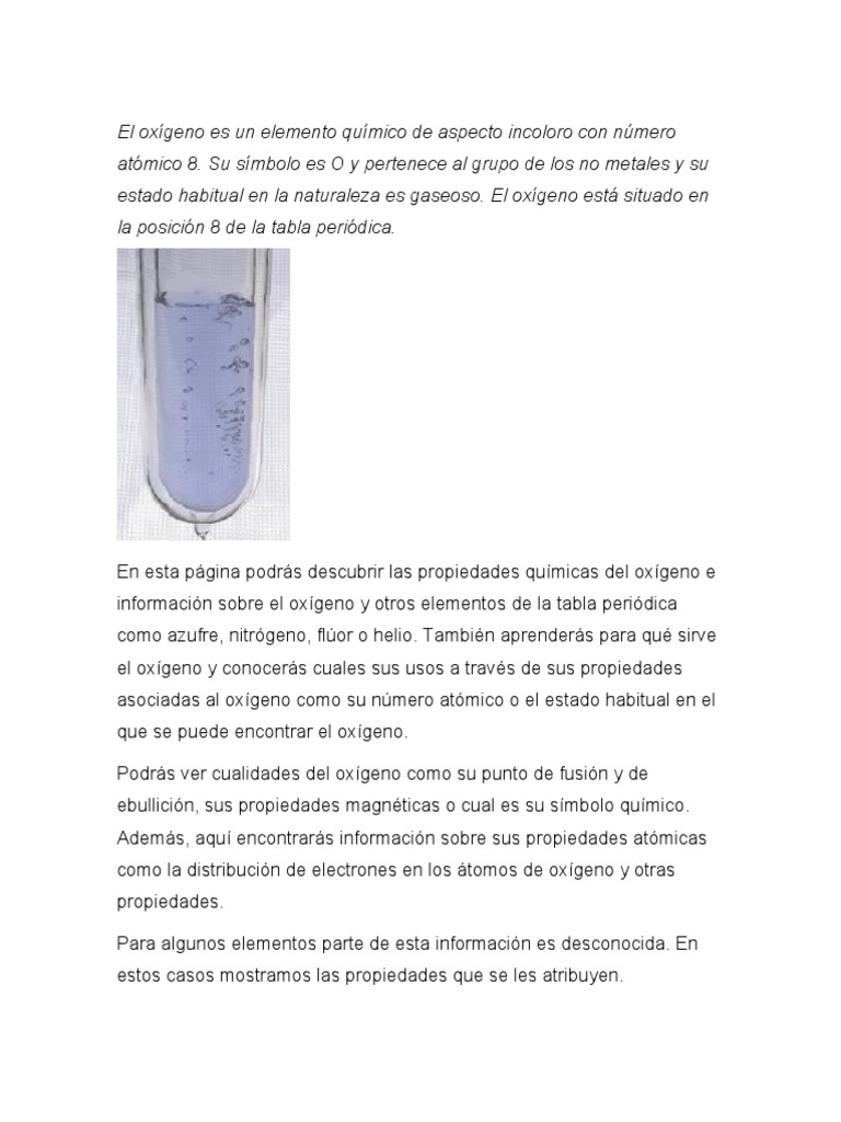 El Oxígeno Es Un Elemento Químico de Aspecto Incoloro Con Número ...