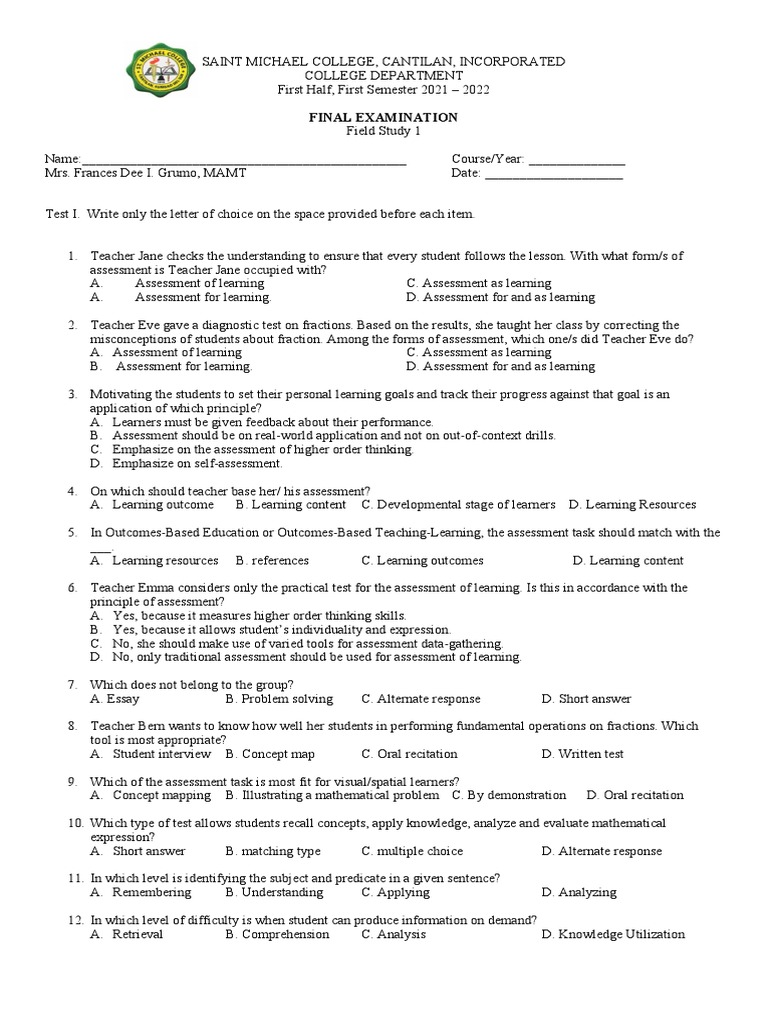 FS Final Exam | PDF | Educational Assessment | Test (Assessment)