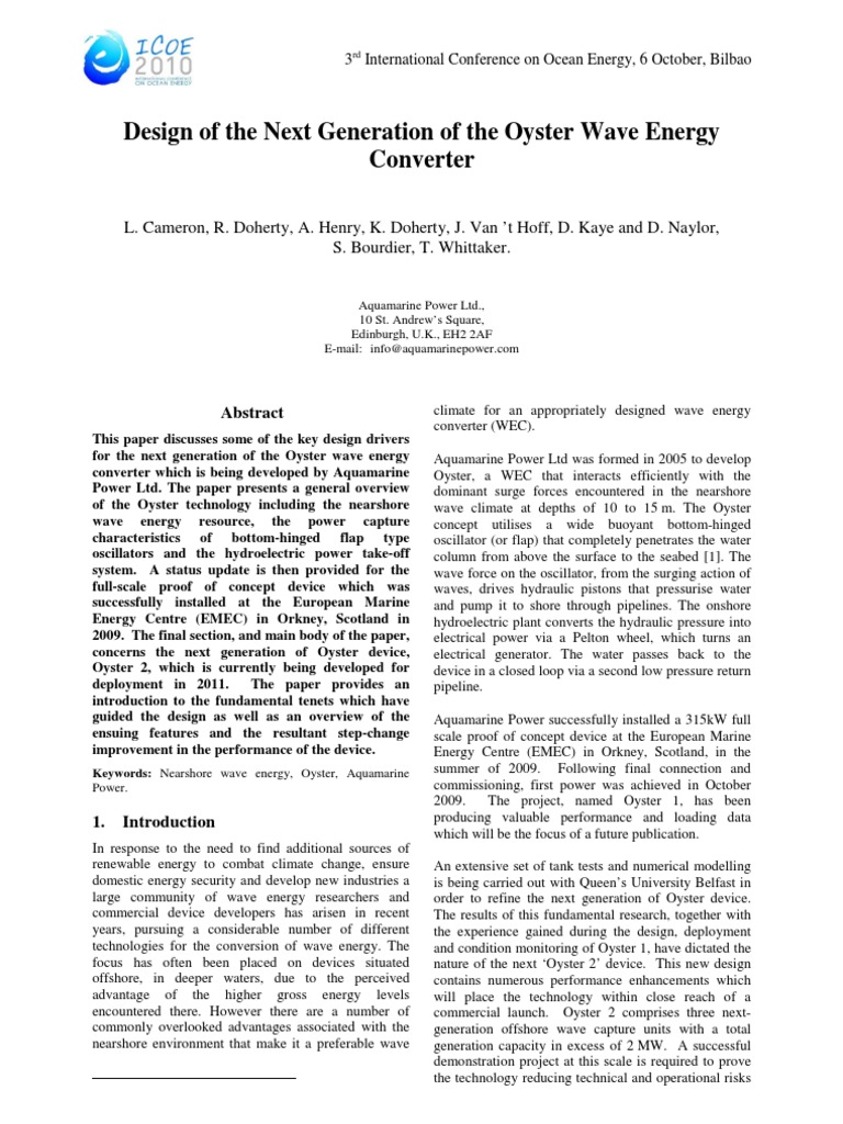 Aquamarine Power - Design of The Next Generation of The Oyster Wave ...