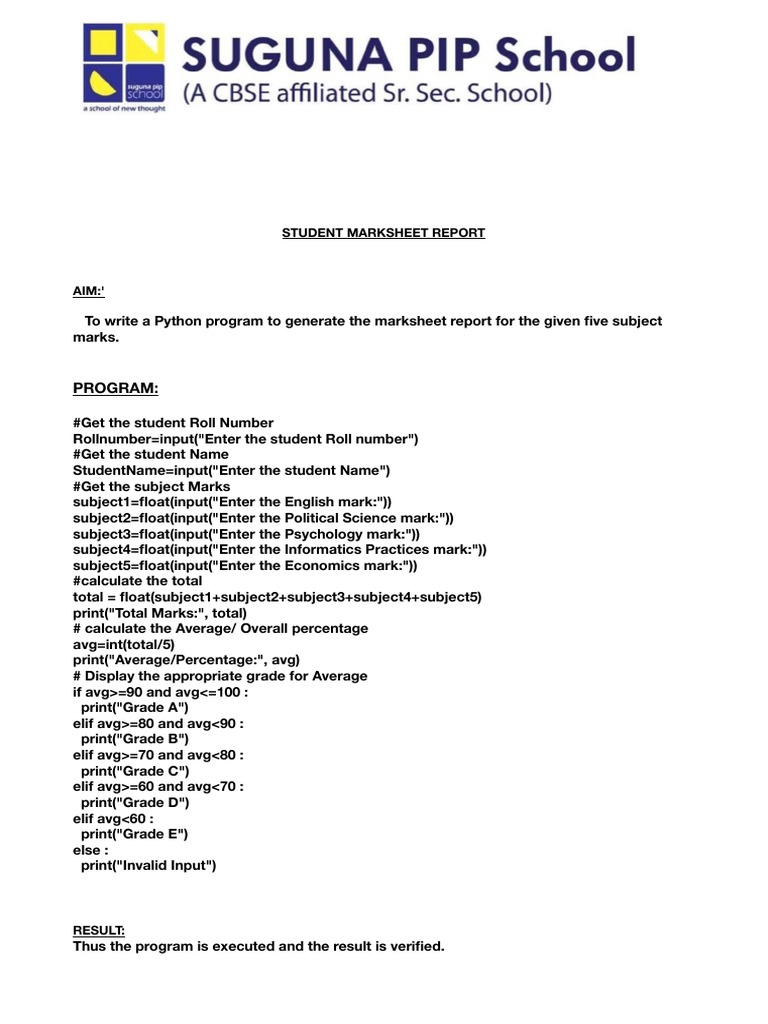Program:: Student Marksheet Report | Download Free PDF | Area | Value ...