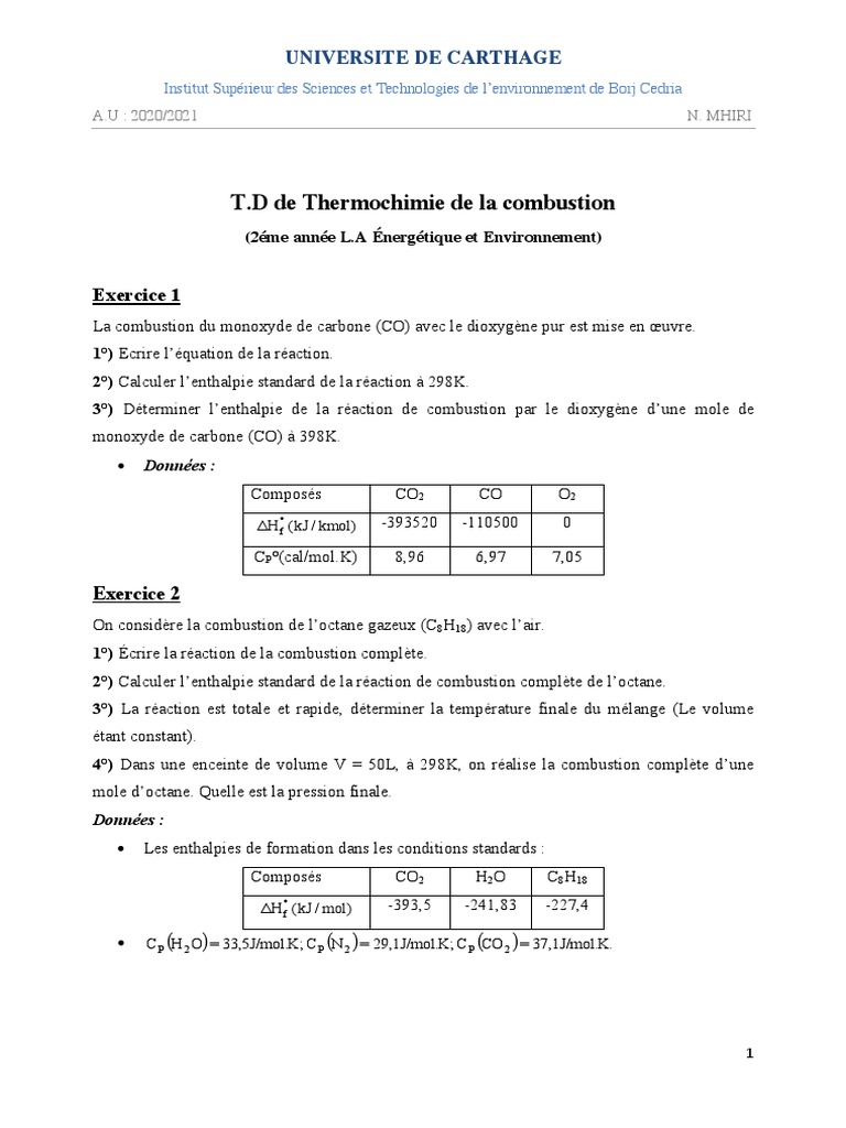 TD Thermochimie | PDF | Monoxyde de carbone | La combustion