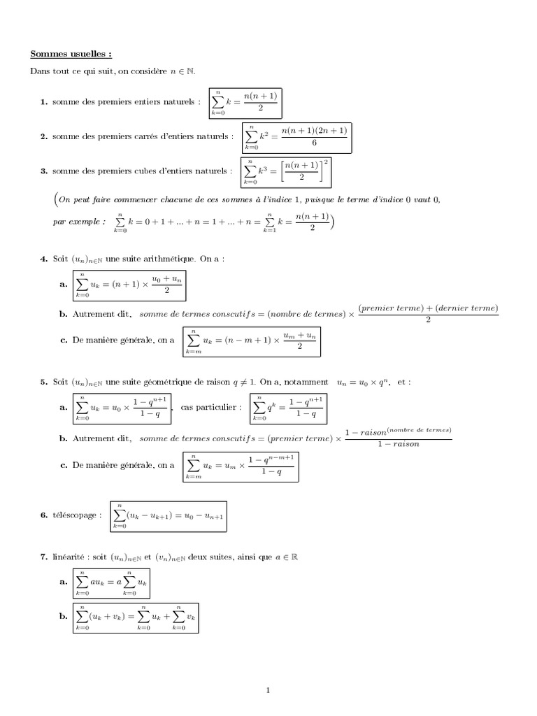 Formules des sommes usuelles | PDF | Somme (arithmétique) | Objets ...