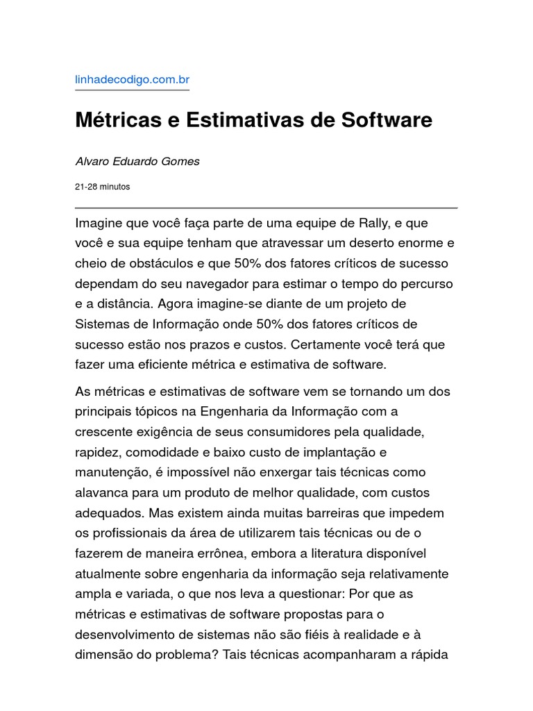 Métricas e Estimativas de Software | Download grátis PDF | Programas | Dados