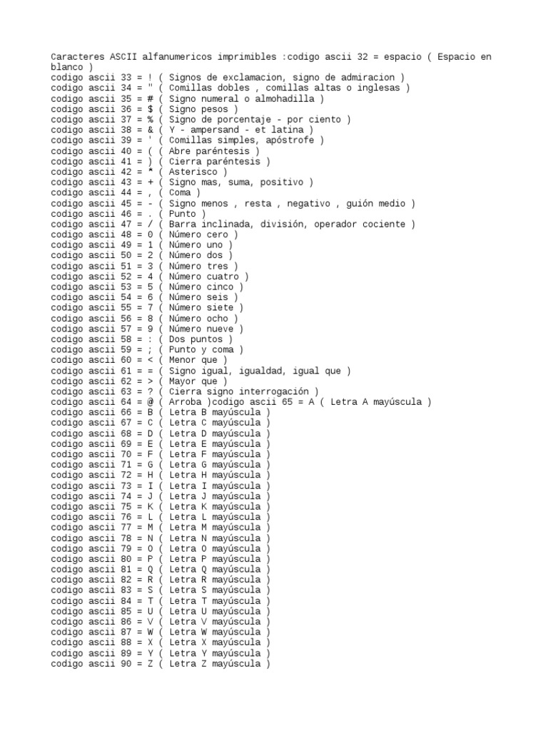 Códigos ASCII Alfanuméricos Imprimibles | PDF | Semiótica | Escritura