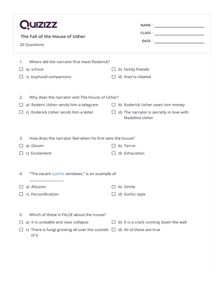 The Fall of The House of Usher Print - Quizizz | PDF