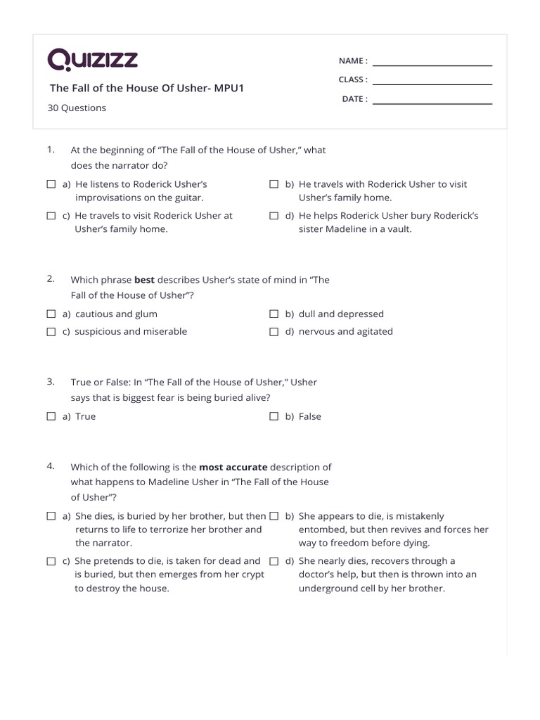 The Fall of The House of Usher - MPU1 Print - Quizizz | PDF