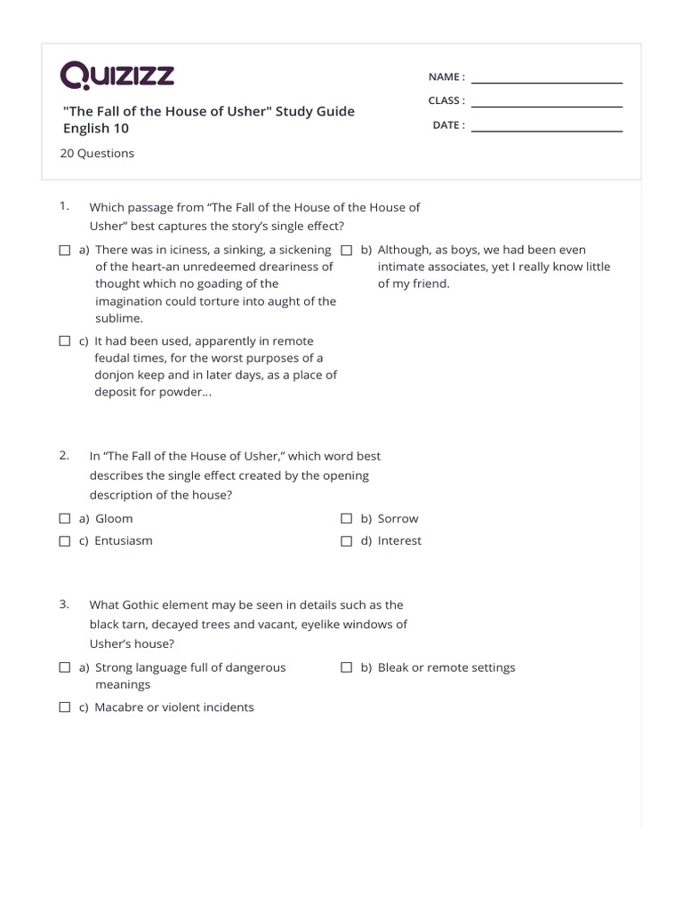 The Fall of The House of Usher Study Guide English 10 Print - Quizizz ...
