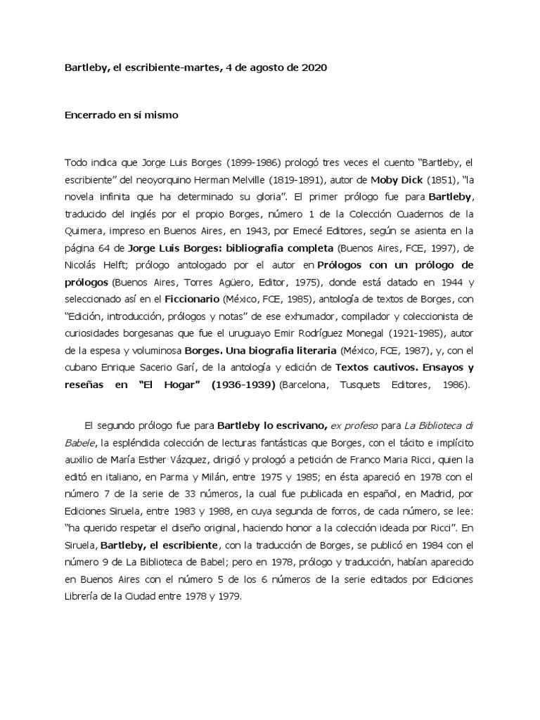 Prólogos de Borges a Bartleby de Melville | PDF | Bartleby, The ...