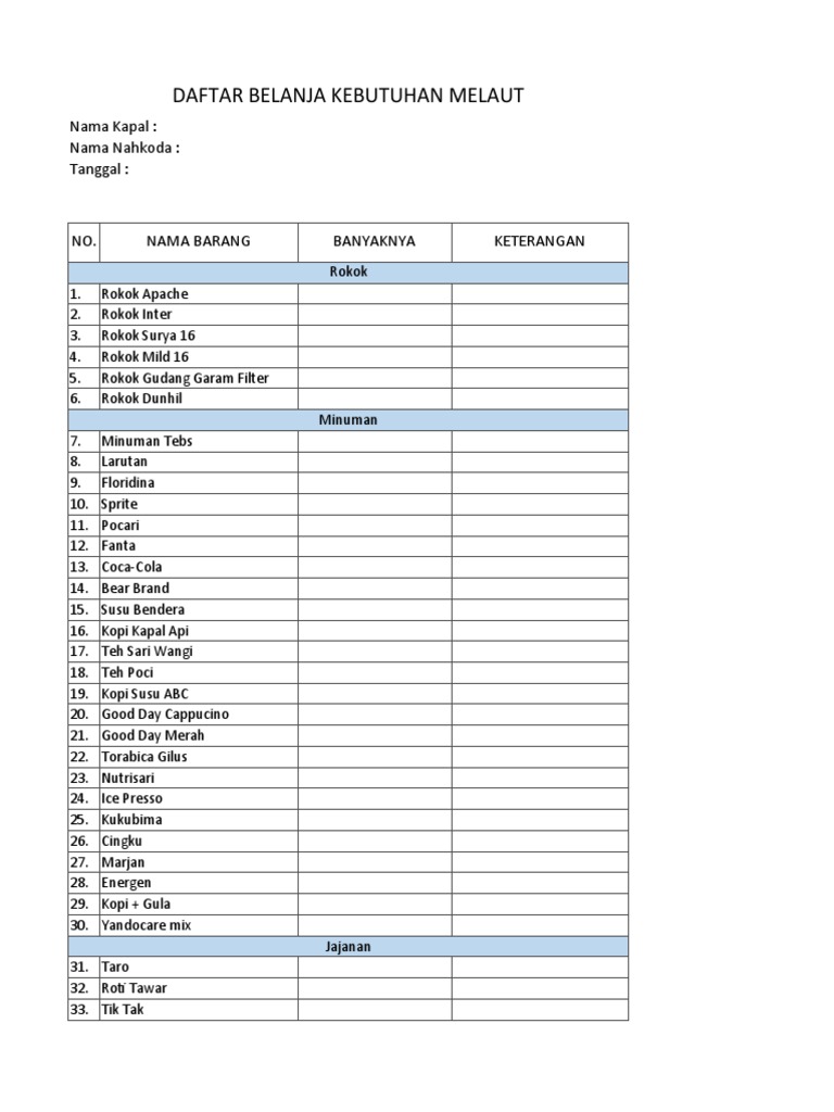 Daftar Belanjaan Kapal | PDF