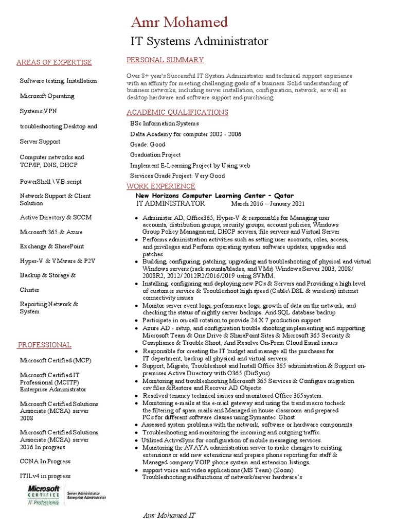 Amr Mohamed Ali CV | PDF | Computer Network | Server (Computing)