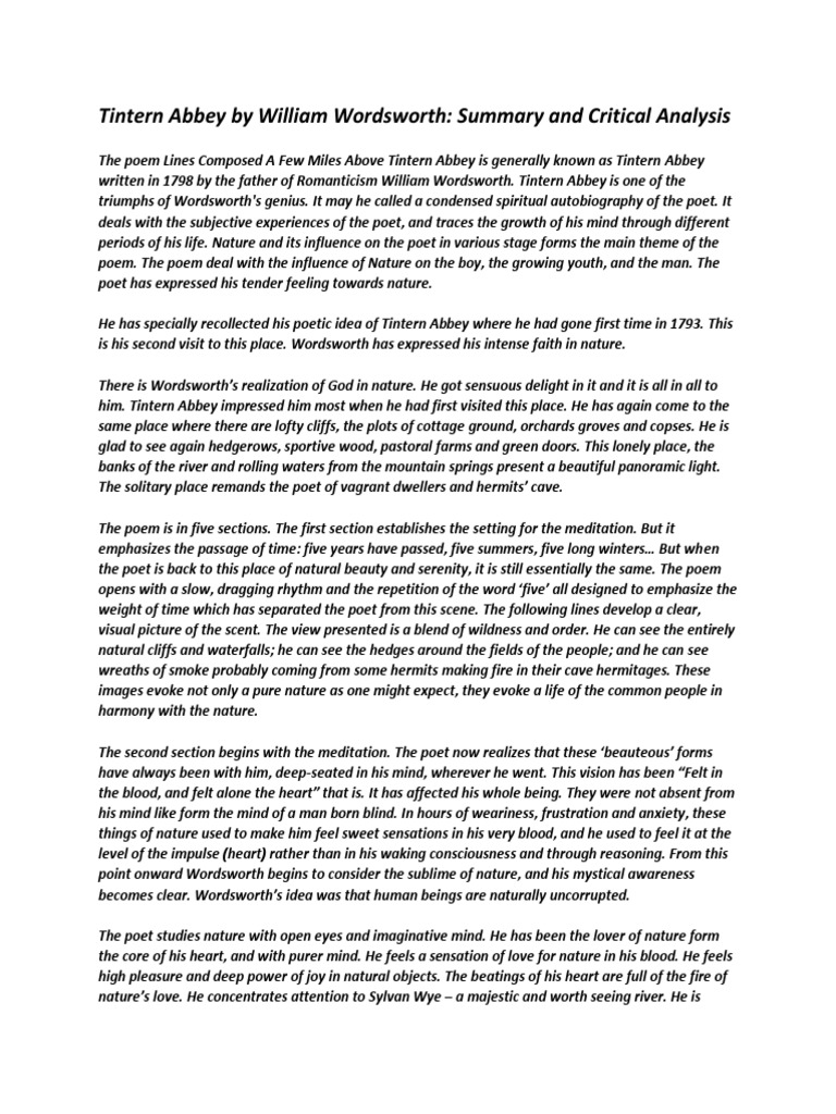 Tintern Abbey Critical Analysis | PDF | William Wordsworth | Mind