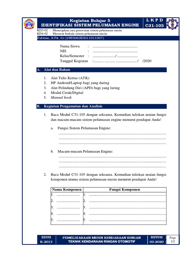 03 - TUGAS TKRO-C31-105 Identifikasi Sistem Pelumasan Engine | PDF