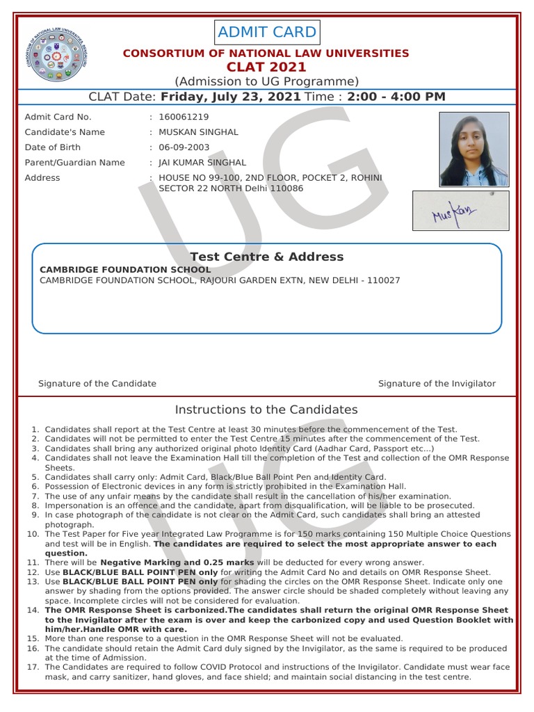 CLAT 2021 UG Admit Card Details | PDF | Health Sciences