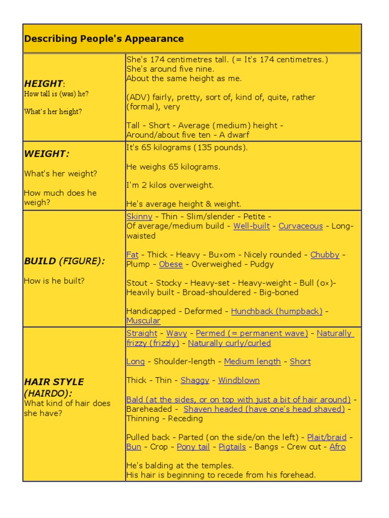 Height:: Describing People's Appearance | PDF | Clothing | Human Head ...