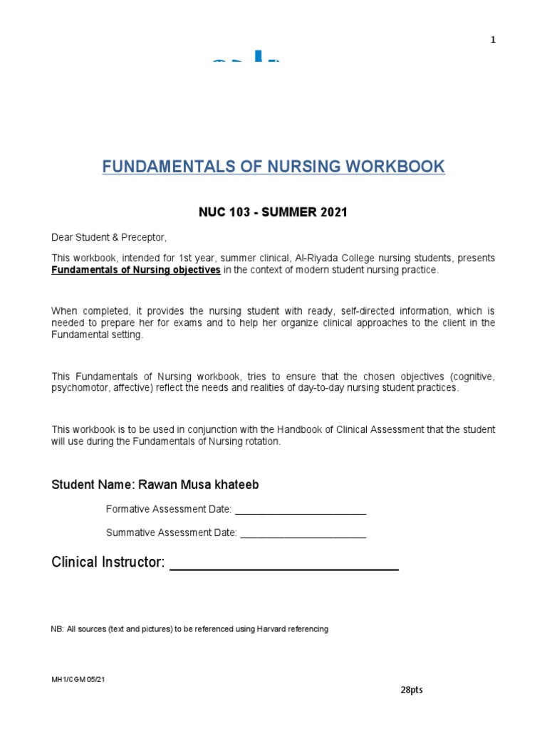 Fundamentals of Nursing Workbook: NUC 103 - SUMMER 2021 | PDF ...