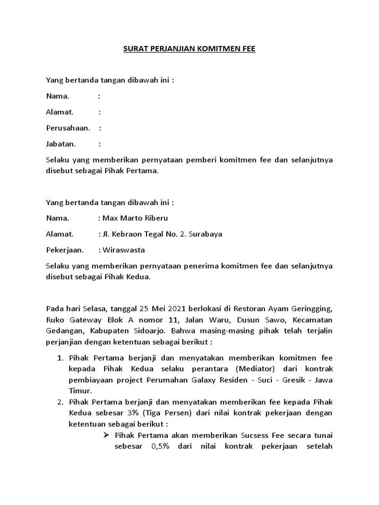 Surat Perjanjian Komitmen Fee | PDF