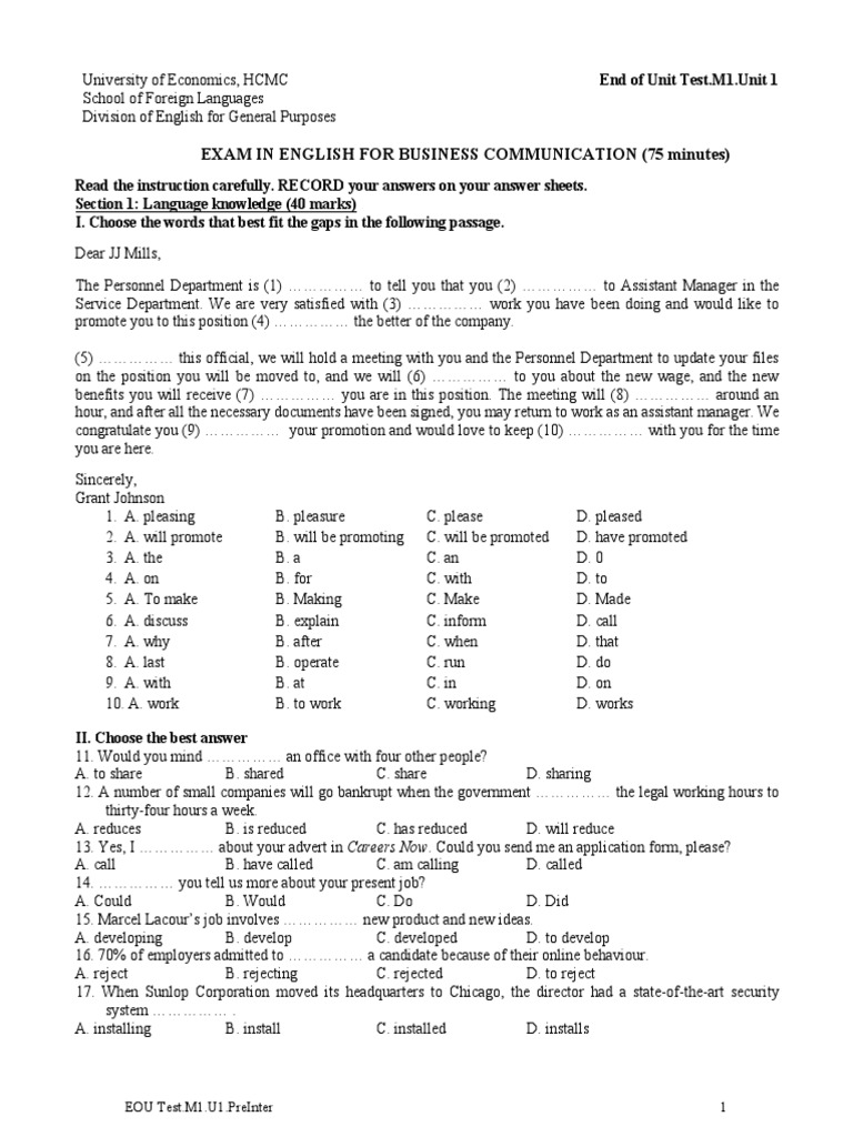 Exam in English For Business Communication (75 Minutes) : End of Unit ...