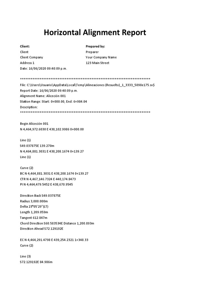 Horizontal Alignment Report: Client: Prepared by | PDF | Tangent ...