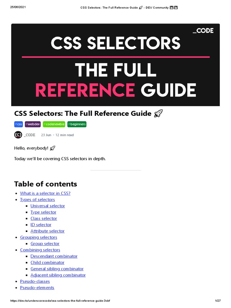 CSS Selectors - The Full Reference Guide - DEV Community | PDF | Html Element | Computing