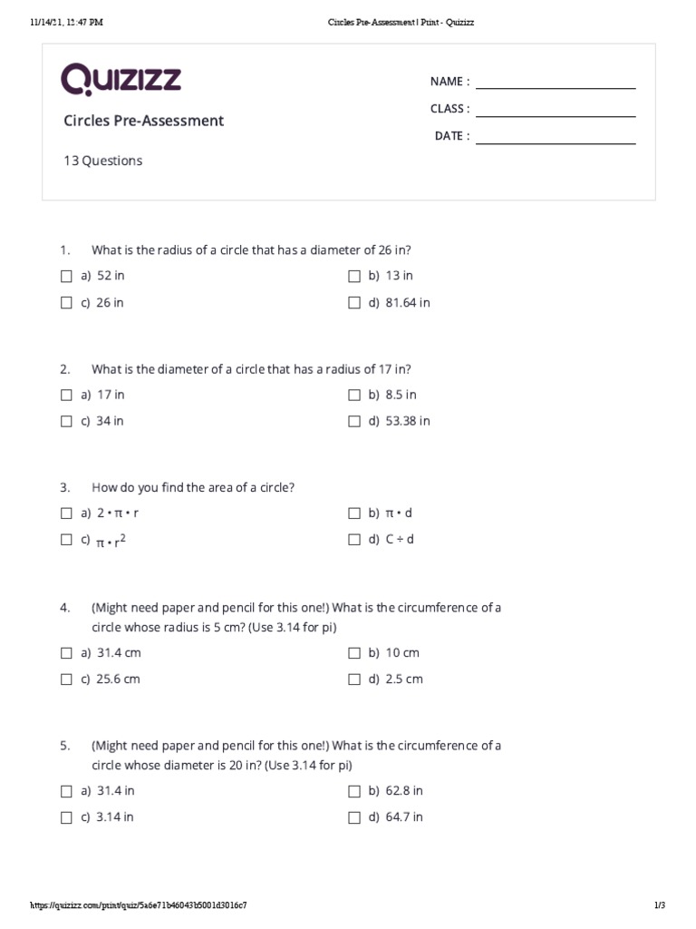 Circle Quiz for Students | PDF | Area | Euclidean Plane Geometry