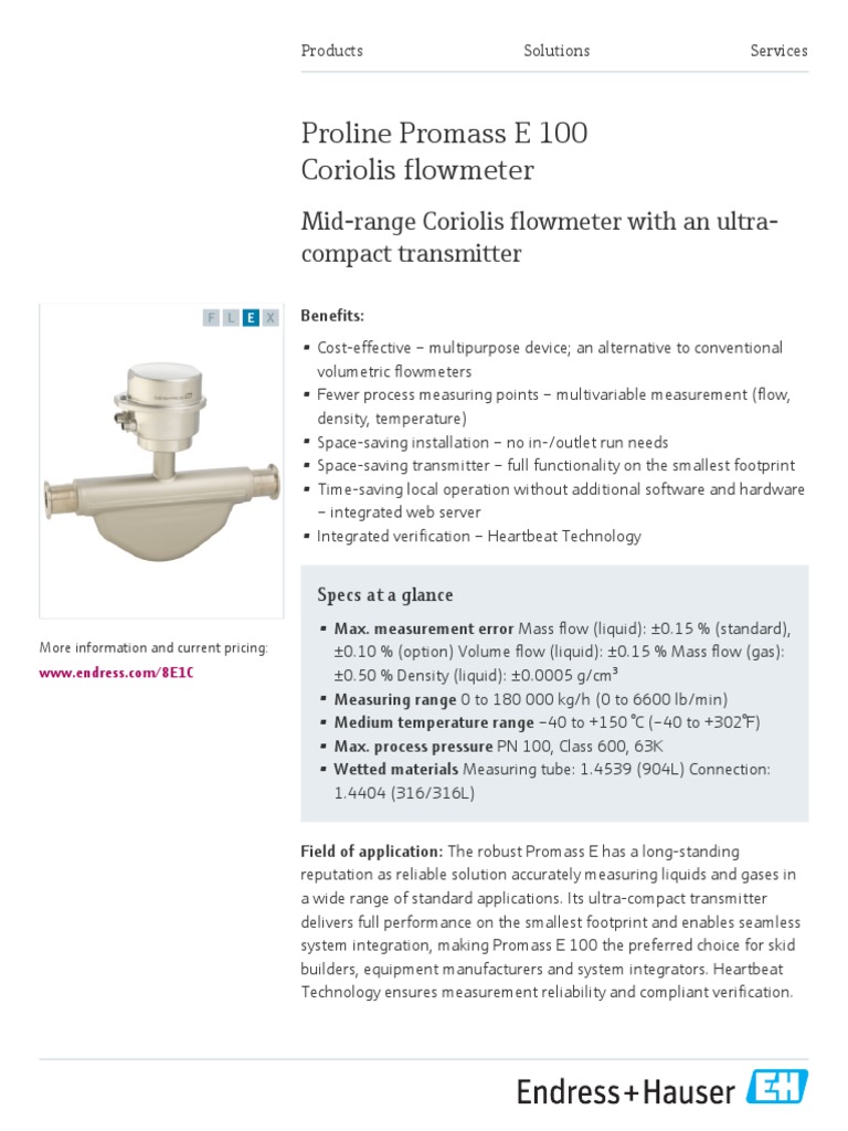 Endress-Hauser Proline Promass E 100 8E1C EN | PDF | Flow Measurement ...