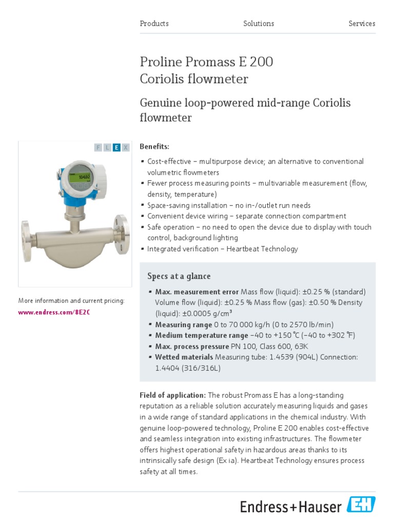 Proline Promass E 200 Coriolis Flowmeter | PDF | Flow Measurement | Density