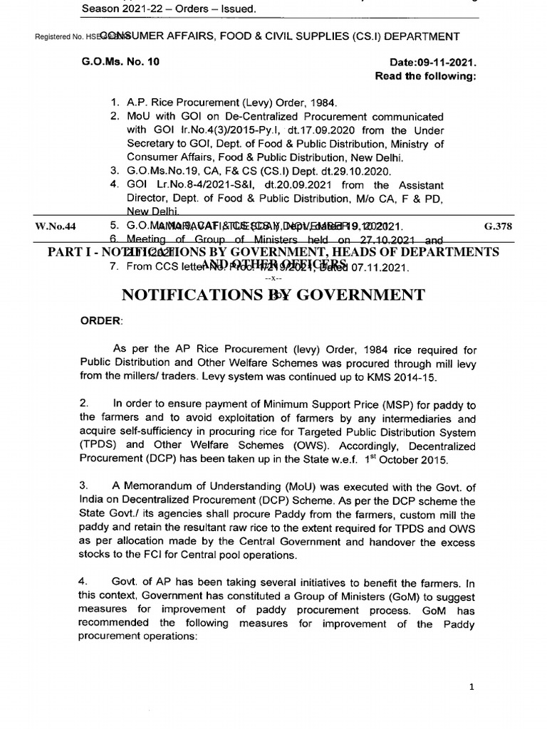 AP Civil Supplies Dept - Paddy Procurement - DCP GOI | PDF