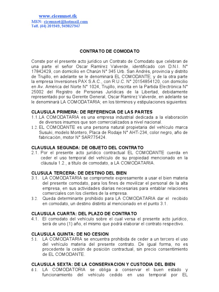 Contrato de Comodato de Veh - Culo | PDF | Derecho contractual | Ley de obligaciones