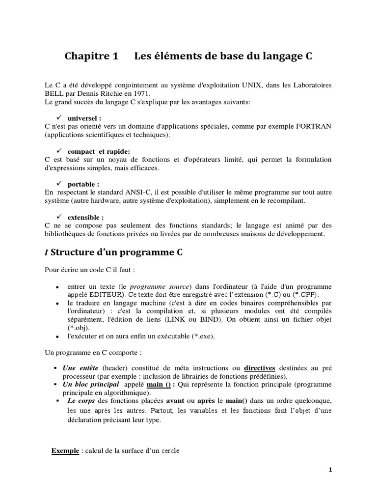 Chapitre 1 Les Éléments de Base Du Langage C | PDF | C (Langage de programmation) | Programme ...