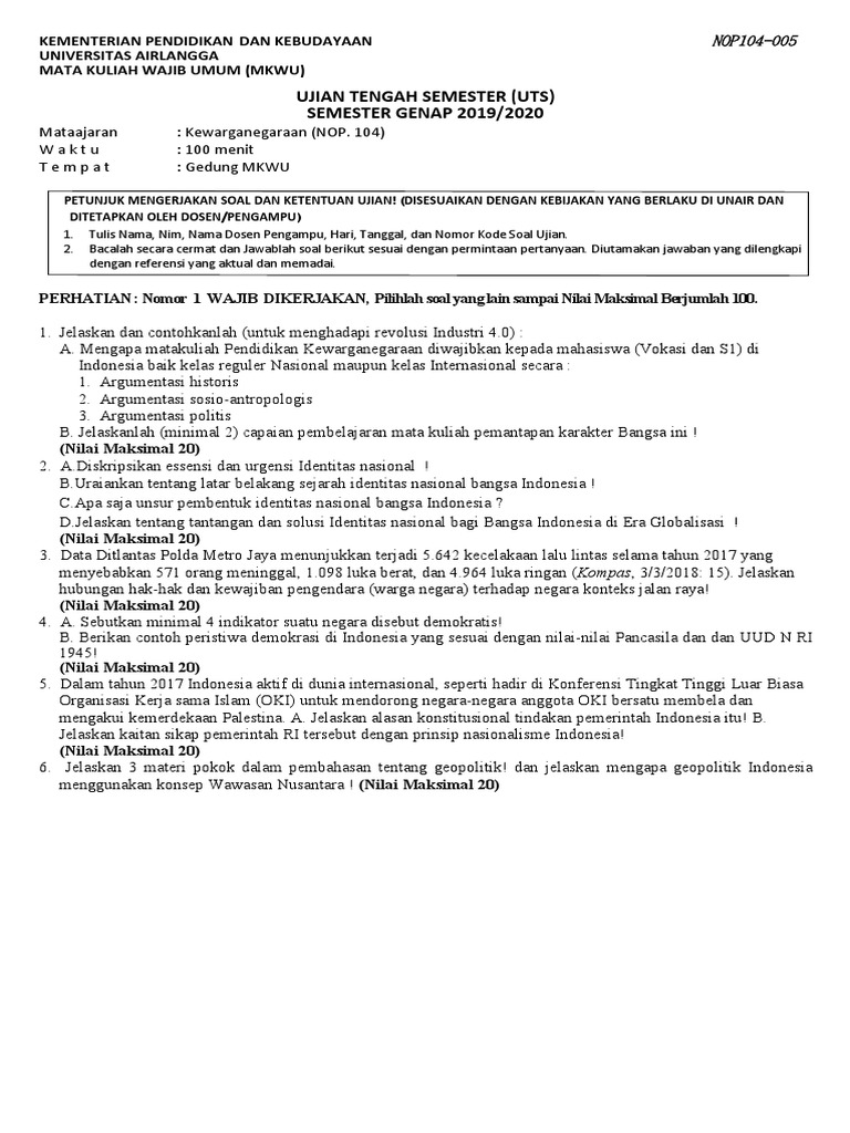 Soal UTS KWN GENAP 2019-2020 Type 05 | PDF