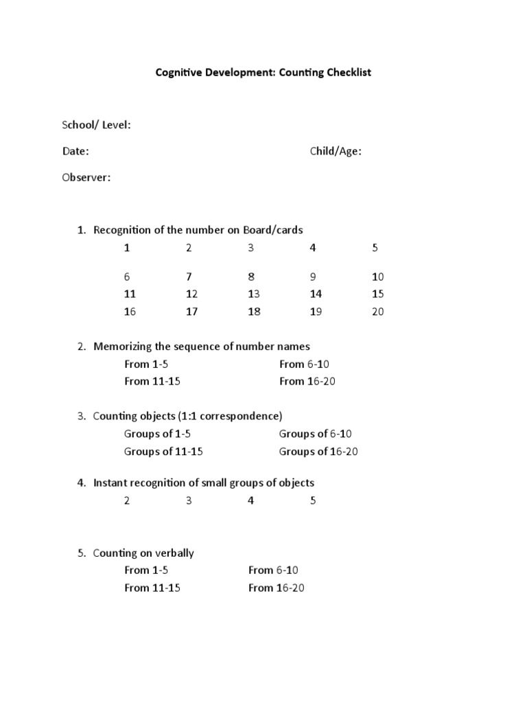 Cognitive Development Counting Checklist | PDF