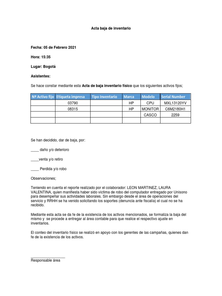 Acta Baja de Inventario.. | PDF