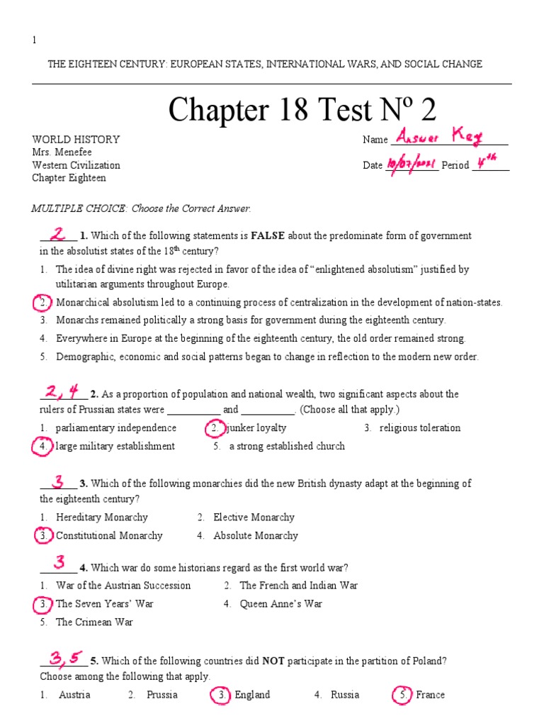 Chapter 18 TEST - The 18th Century (ANSWER KEY) | PDF | Prussia | Monarchy