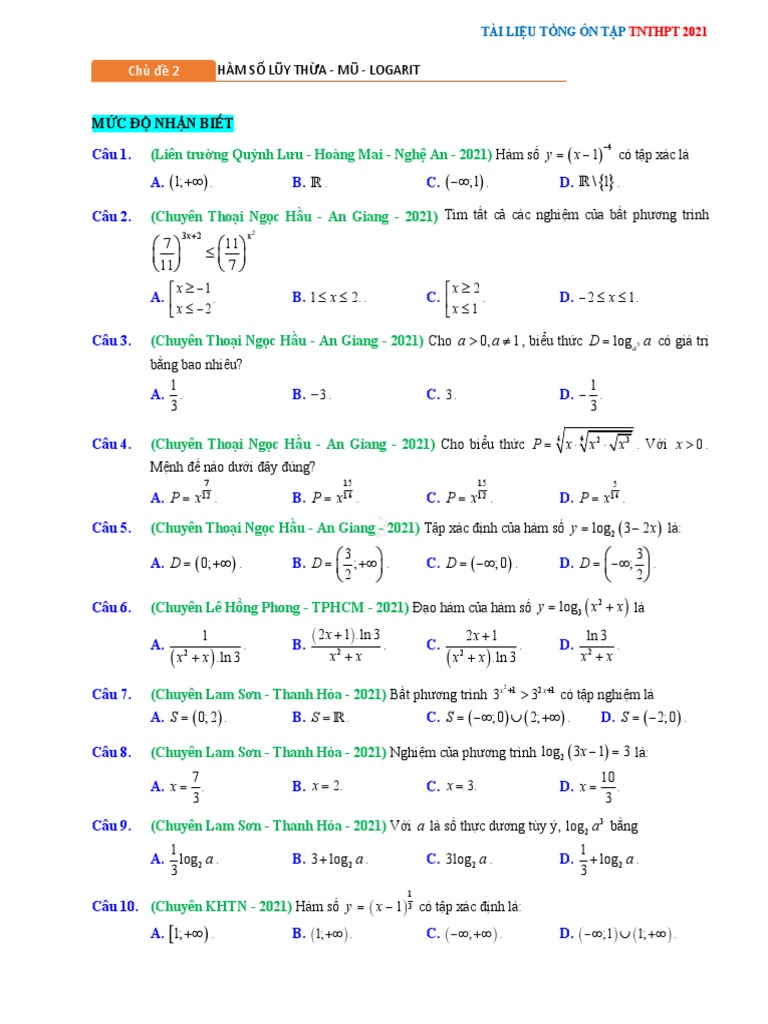 Tong On Tap TN THPT 2021 Mon Toan Ham So Luy Thua Mu Logarit Trang 1 12,38 49,80 86,112 120 | PDF