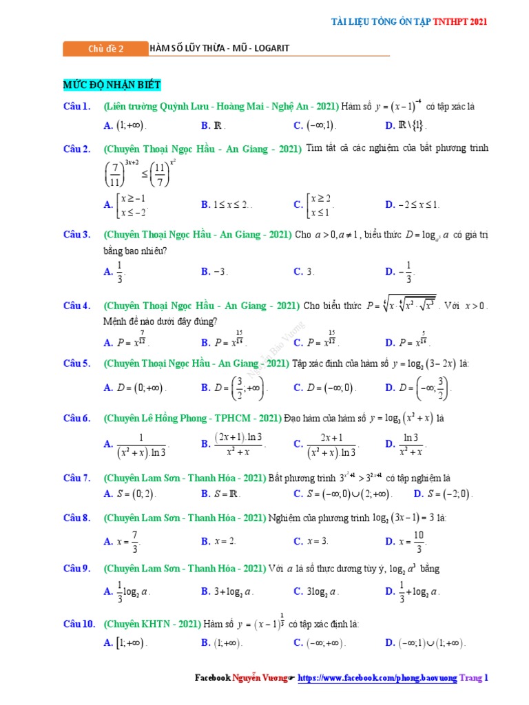Tong On Tap TN THPT 2021 Mon Toan Ham So Luy Thua Mu Logarit | PDF