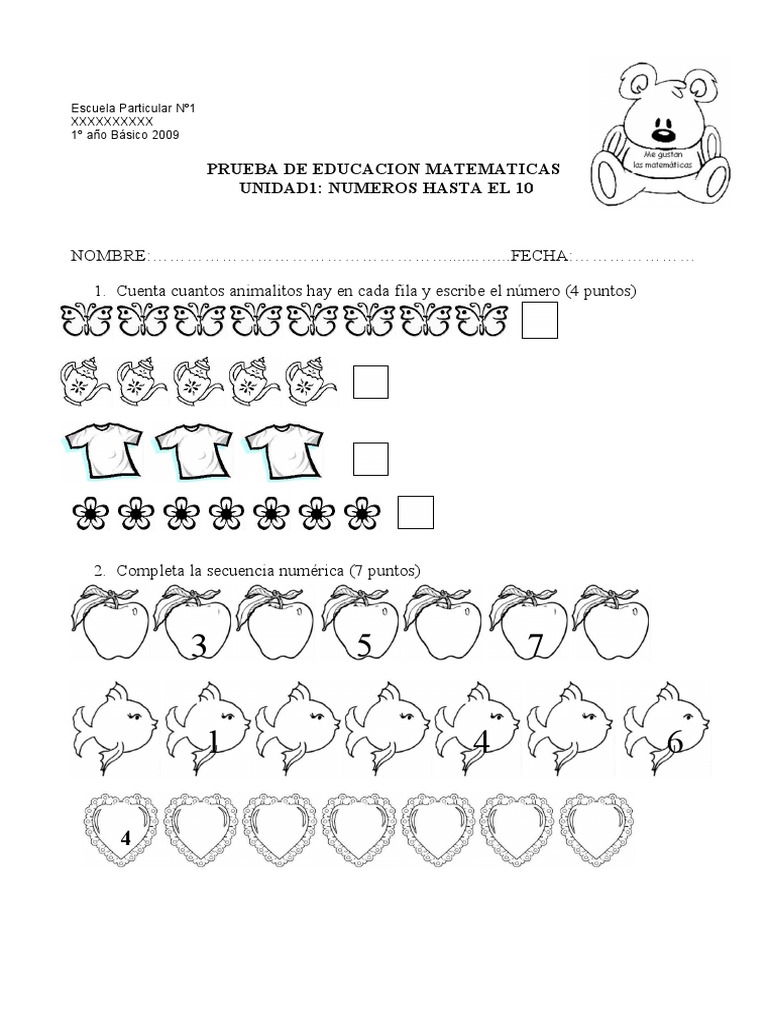 Prueba de Matemáticas 1º Básico: Números 1-10 | PDF