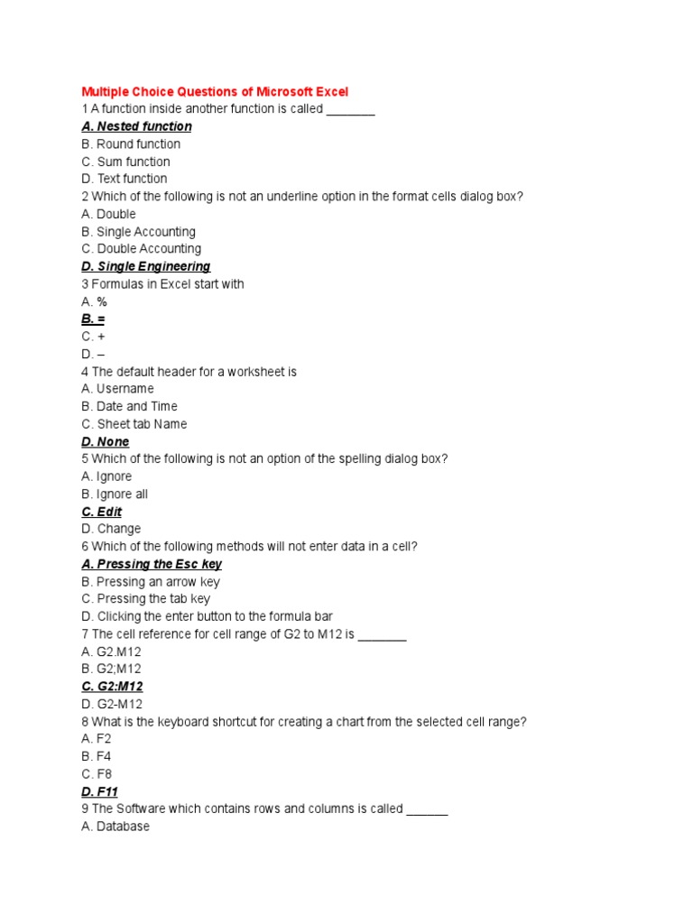 Multiple Choice Questions on Excel Functions, Formatting, Conditional Formatting, and Other ...