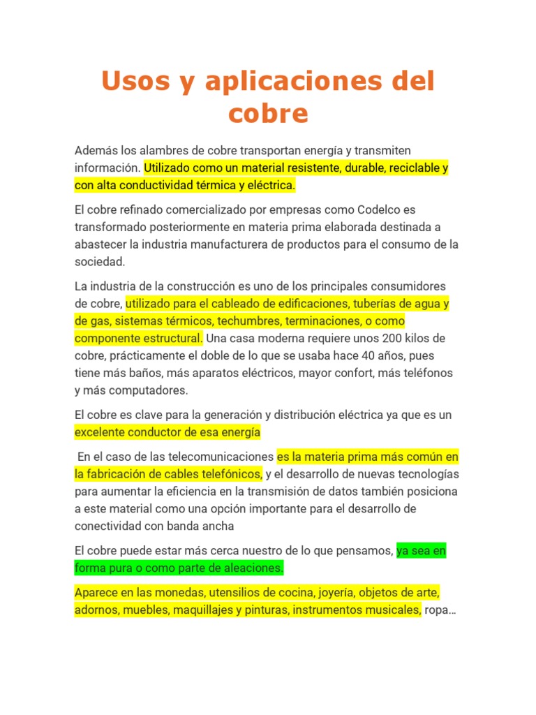 Usos y Aplicaciones Del Cobre | PDF | Cobre | Ingenieria Eléctrica