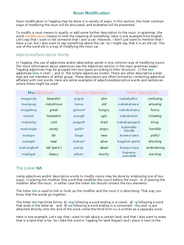 A Comprehensive Explanation of Noun Modification in Tagalog | PDF ...