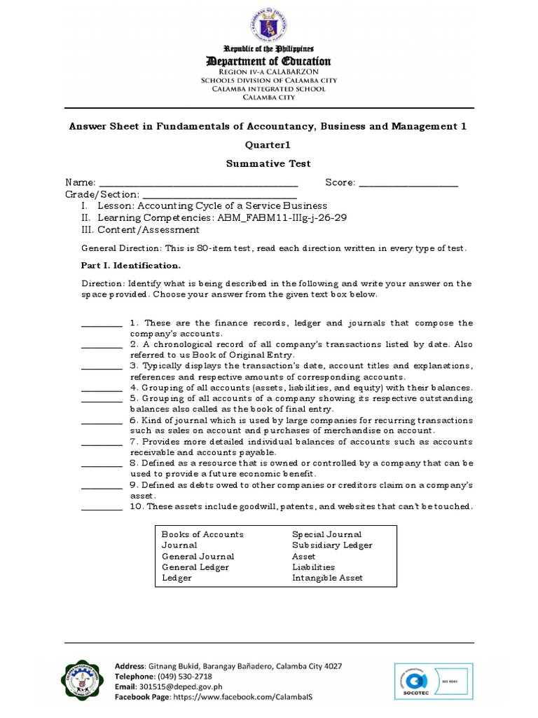 FABM 1-Answer Sheet-Q1 - Summative Test | PDF | Equity (Finance) | Expense
