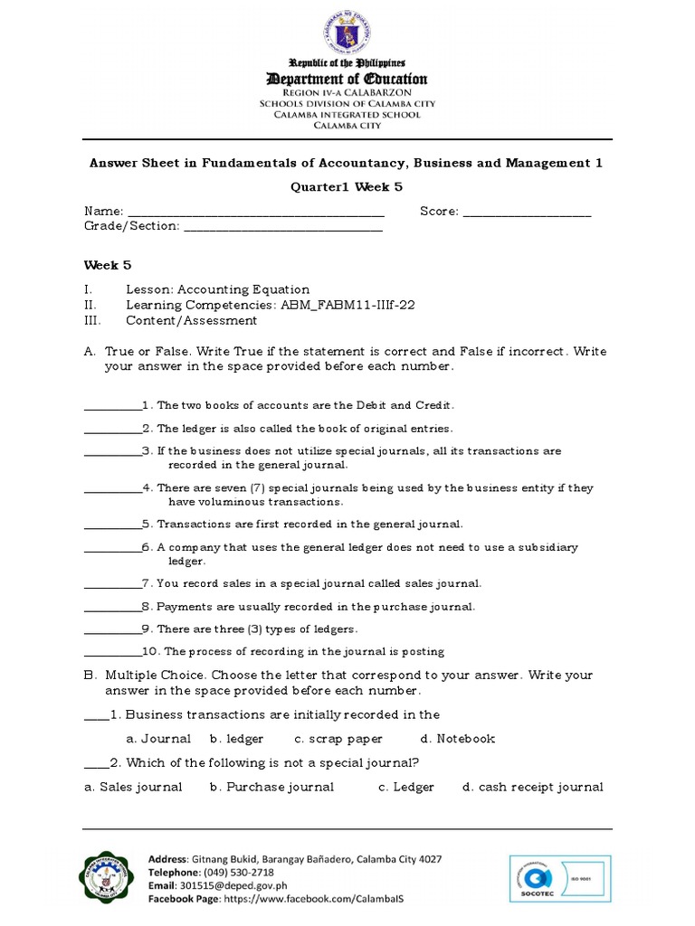 FABM 1 Answer Sheet Q1 W5 | PDF | Financial Transaction | Debits And ...