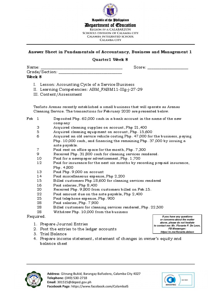 FABM 1-Answer Sheet-Q1-W8 | PDF | Expense | Balance Sheet