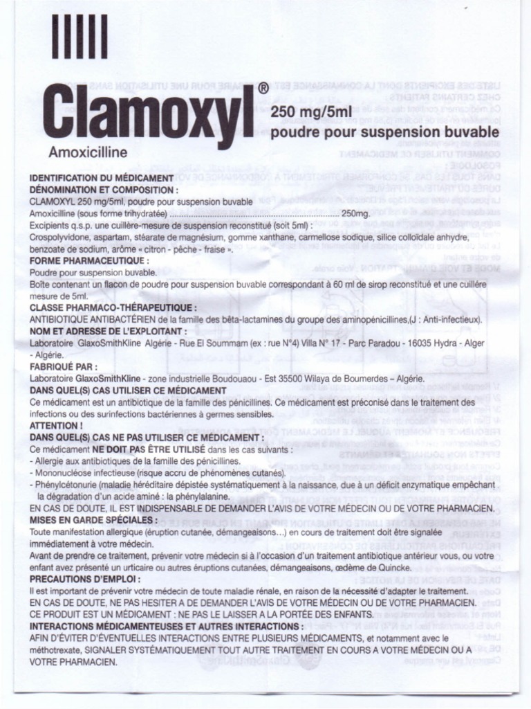 Notice Clamoxyl 250mg 5ml Pdre. P. Susp - Buv. F 60ml | PDF | Maladies ...