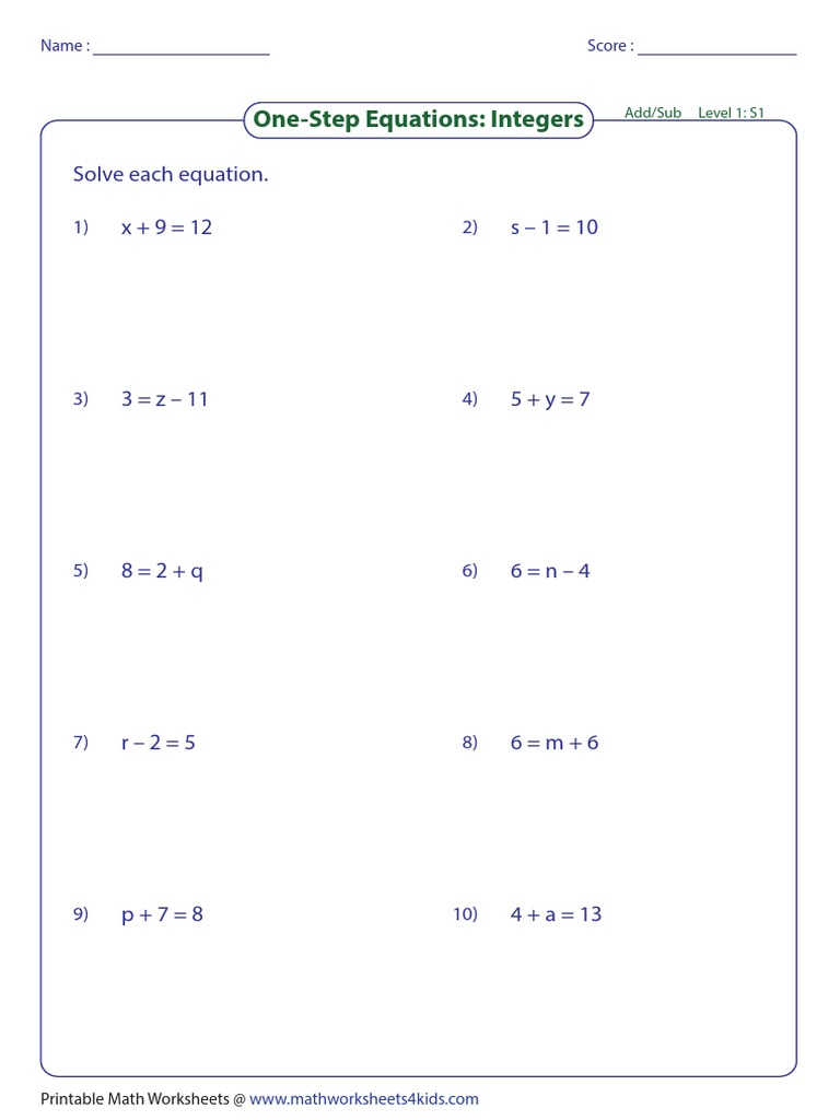 One-Step Equations: Integers: Solve Each Equation | PDF | Mathematics ...