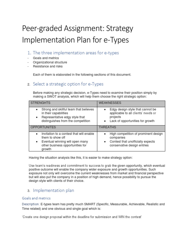 Peer-Graded Assignment Strategy Implementation Plan For E-Types | PDF ...